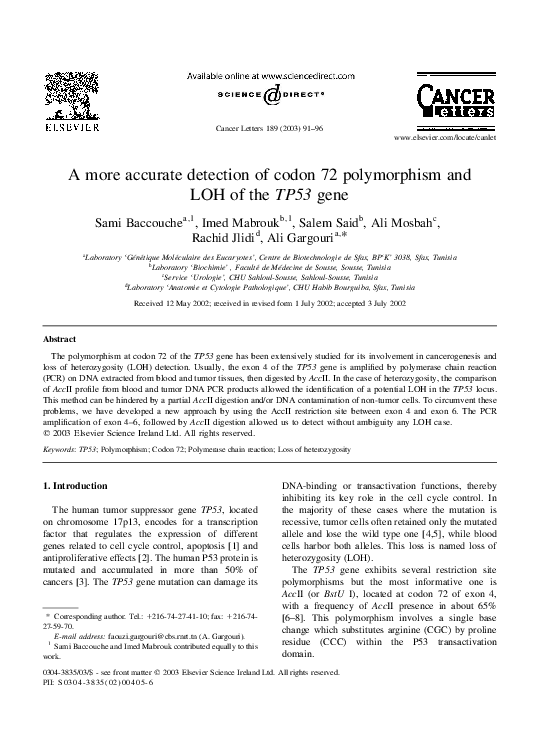 (PDF) A more accurate detection of codon 72 polymorphism and LOH of the TP53 gene