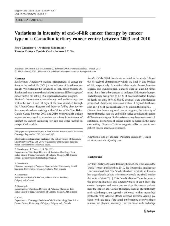 (PDF) Variations in intensity of end-of-life cancer therapy by cancer ...