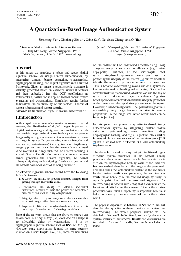 Pdf A Quantization Based Image Authentication System