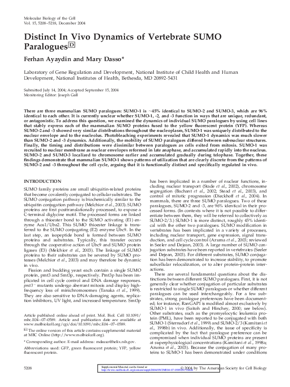 (PDF) Distinct In Vivo Dynamics of Vertebrate SUMO Paralogues | Mary ...