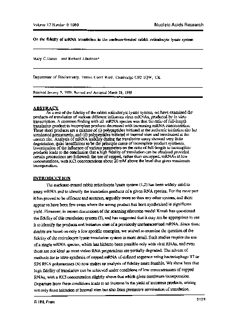 Pdf On The Fidelity Of Mrna Translation In The Nuclease Treated