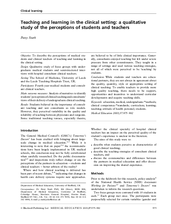 (PDF) Teaching and learning in the clinical setting: a qualitative ...