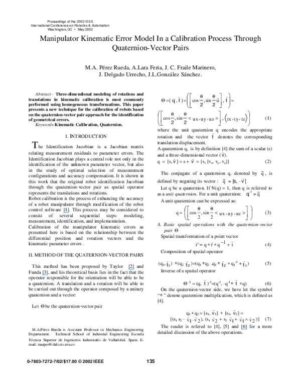 (PDF) Manipulator kinematic error model in a calibration process through quaternion-vector pairs