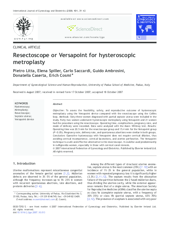 (PDF) Resectoscope or Versapoint for hysteroscopic metroplasty