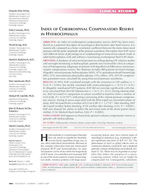 (PDF) INDEX OF CEREBROSPINAL COMPENSATORY RESERVE IN HYDROCEPHALUS