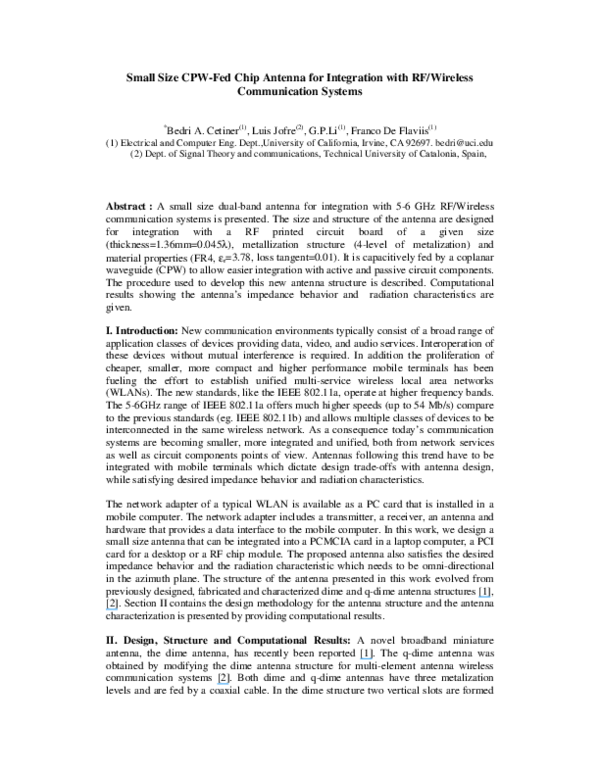 (PDF) Small size CPW-fed chip antenna for integration with RF/wireless ...