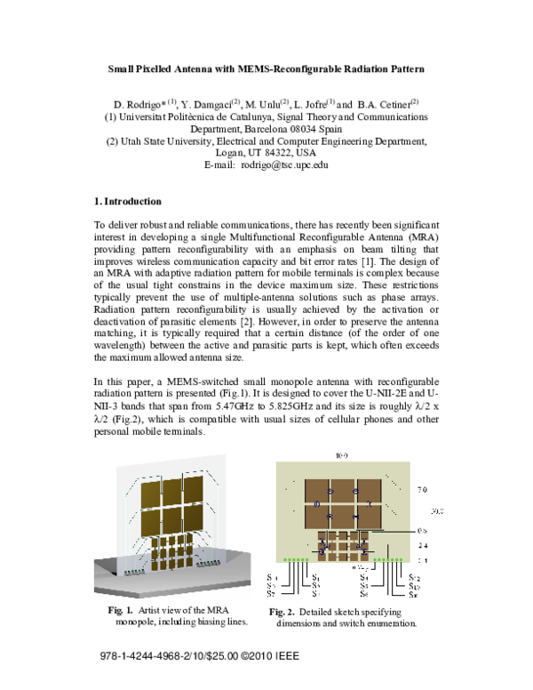 (PDF) Small pixelled antenna with MEMS-Reconfigurable radiation pattern