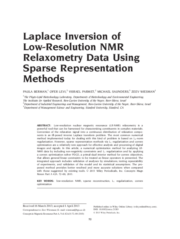 (PDF) Laplace inversion of low-resolution NMR relaxometry data using sparse representation methods