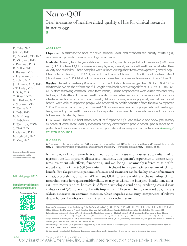 (PDF) Neuro-QOL: Brief measures of health-related quality of life for ...