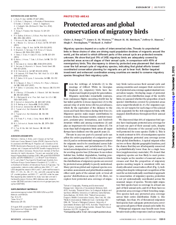 (PDF) Protected areas and global conservation of migratory birds