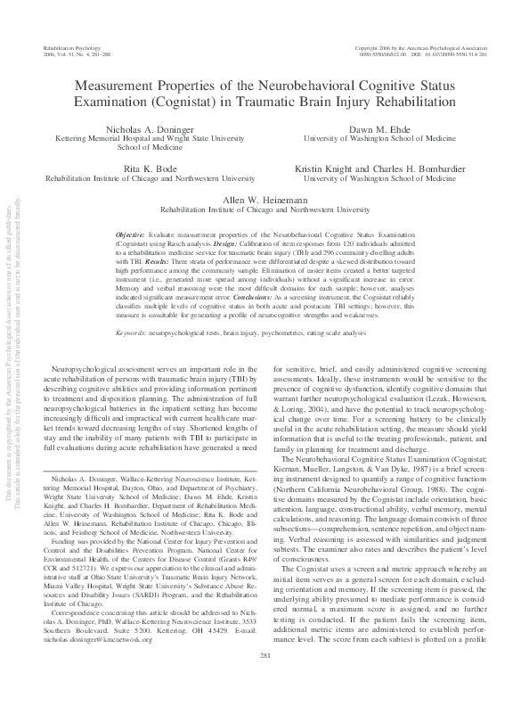 (PDF) Measurement Properties of the Neurobehavioral Cognitive Status ...