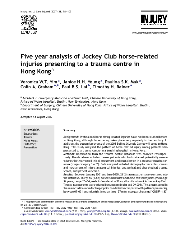 (PDF) Five year analysis of Jockey Club horse-related injuries ...
