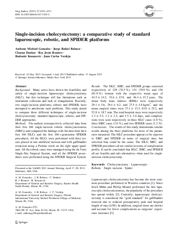 (PDF) Single-incision cholecystectomy: a comparative study of standard laparoscopic, robotic ...