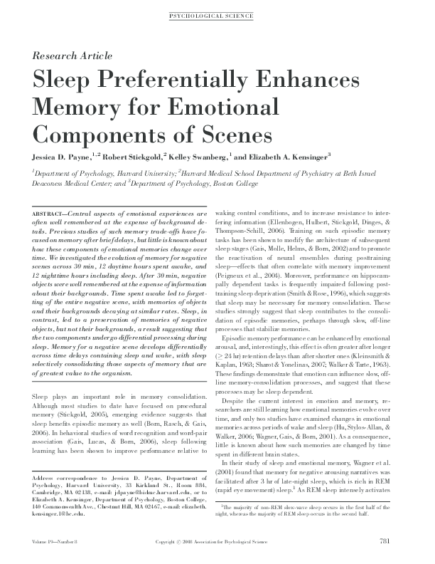 (PDF) Sleep Preferentially Enhances Memory for Emotional Components of ...