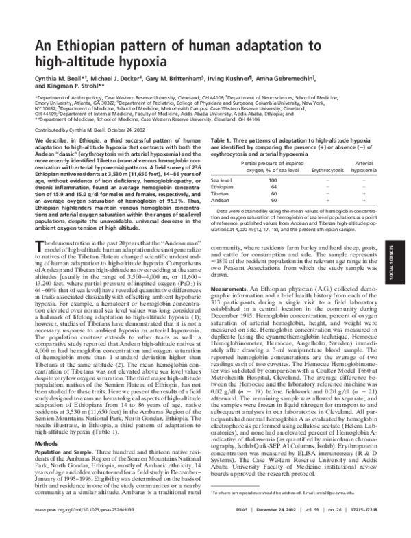 (PDF) An Ethiopian pattern of human adaptation to high-altitude hypoxia