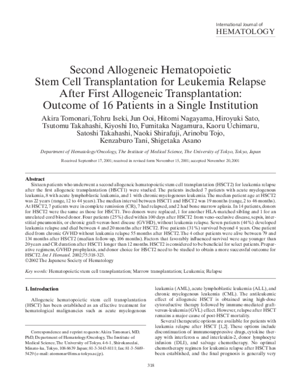(PDF) Second Allogeneic Hematopoietic Stem Cell Transplantation for Leukemia Relapse After First ...
