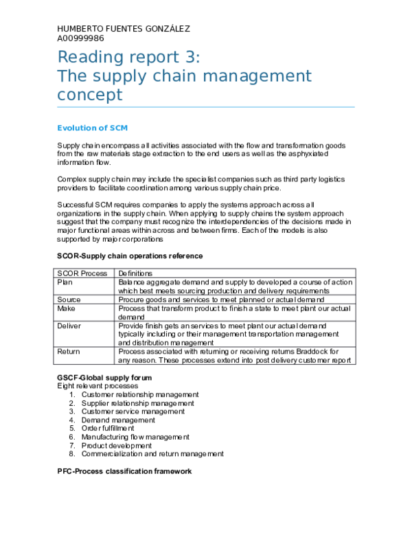 (DOC) Reading report 3: The supply chain management concept