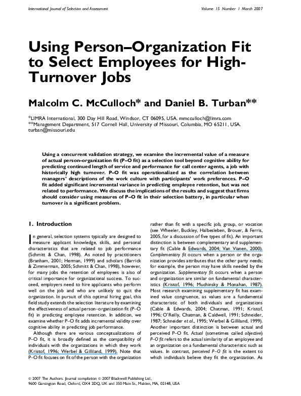 (PDF) Using Person?Organization Fit to Select Employees for High ...