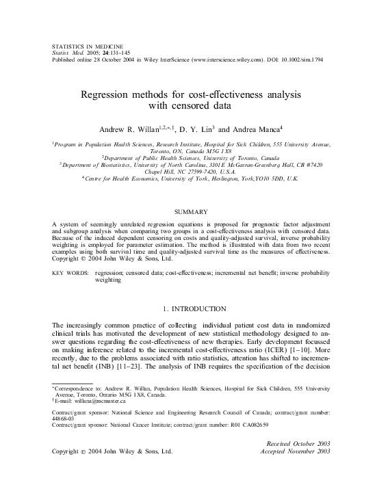 (PDF) Regression methods for cost-effectiveness analysis with censored data