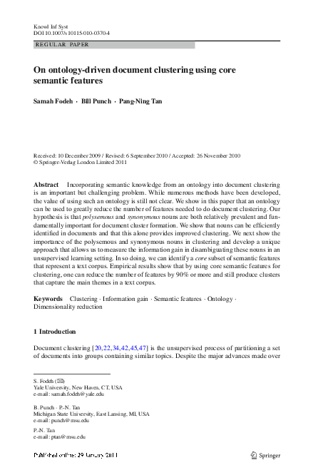Pdf On Ontology Driven Document Clustering Using Core Semantic