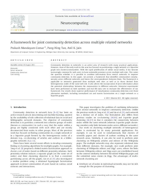 (PDF) A framework for joint community detection across multiple related ... (PDF) A framework for joint community detection across multiple related ...