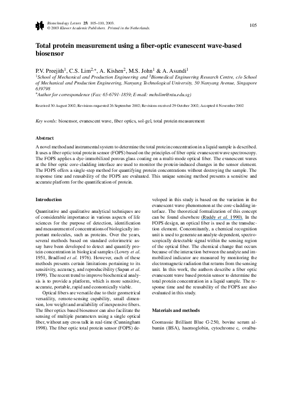 (PDF) Total protein measurement using a fiber-optic evanescent wave ...