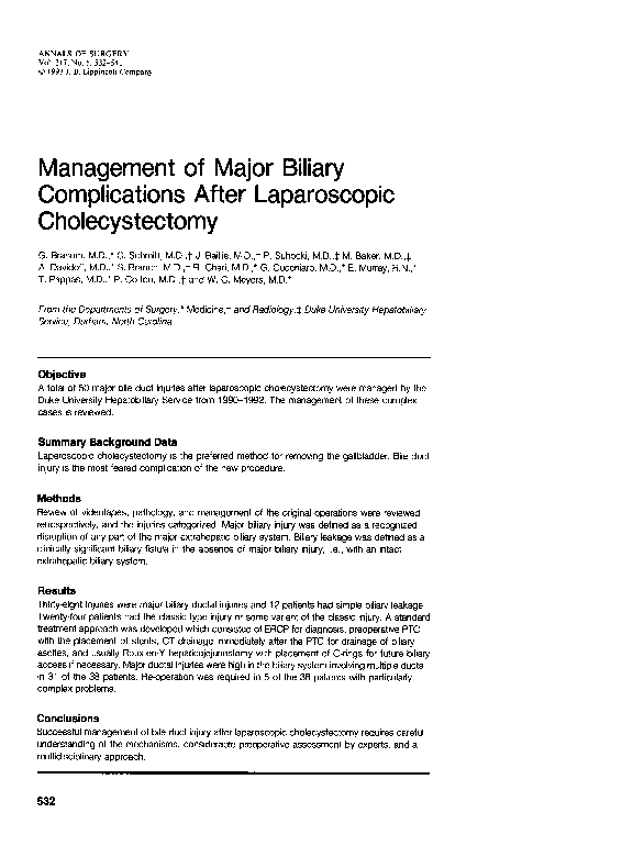 (PDF) Management of Major Biliary Complications After Laparoscopic Cholecystectomy