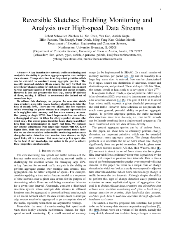 (PDF) Reversible sketches: enabling monitoring and analysis over high-speed data streams