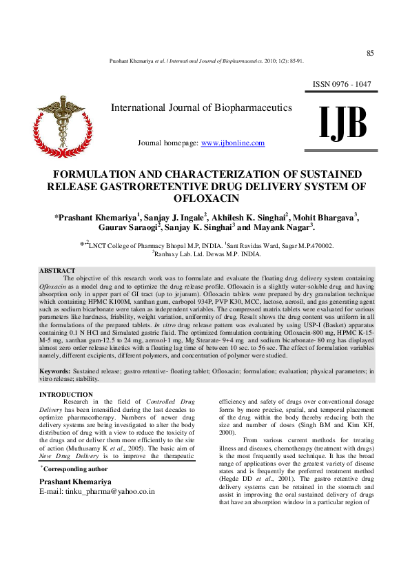 Pdf Formulation And Characterization Of Sustained Release Gastroretentive Drug Delivery System