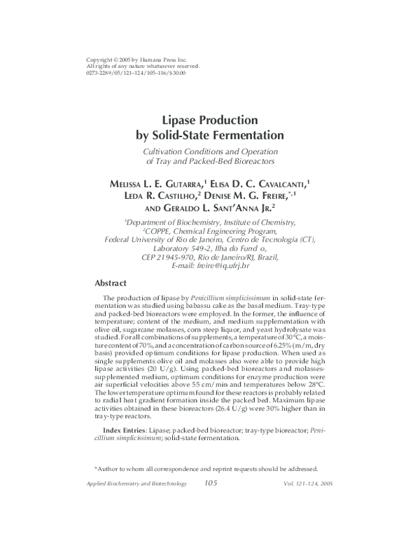 (PDF) Lipase production by solid-state fermentation in fixed-bed bioreactors
