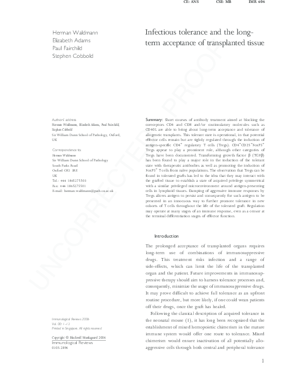 (PDF) Infectious tolerance and the long-term acceptance of transplanted ...