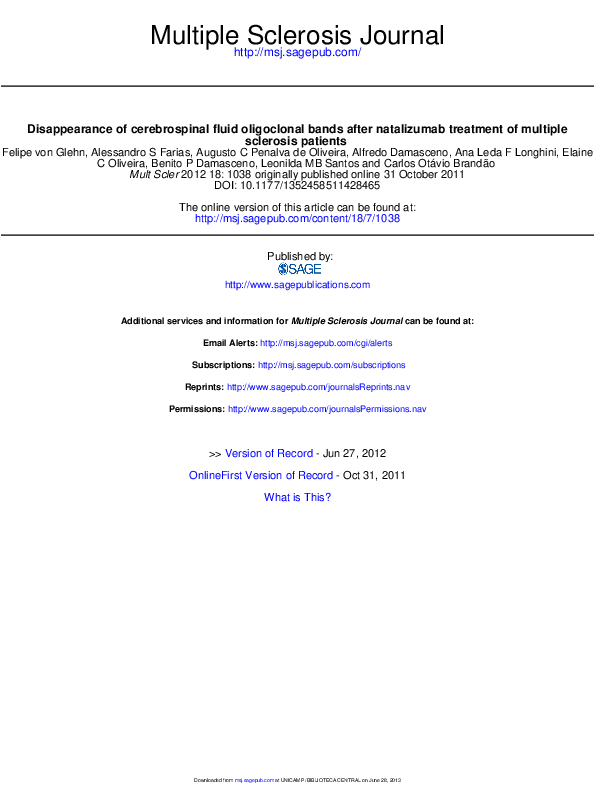 (PDF) Disappearance of cerebrospinal fluid oligoclonal bands after natalizumab treatment of ...