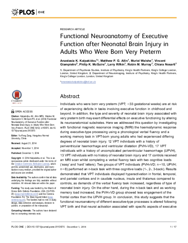 (PDF) Functional neuroanatomy of executive function after neonatal ...