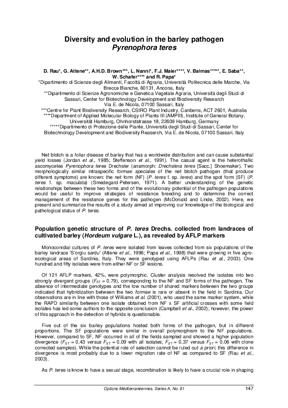 (PDF) Diversity and evolution in the barley pathogen Pyrenophora teres