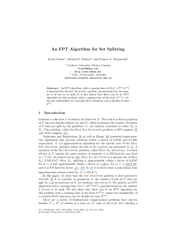 Pdf An Fpt Algorithm For Set Splitting