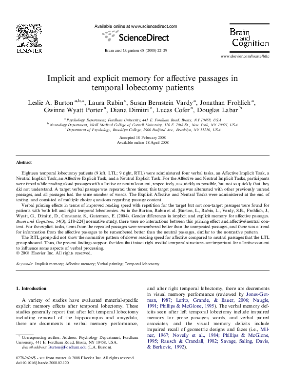 (PDF) Implicit and explicit memory for affective passages in temporal lobectomy patients
