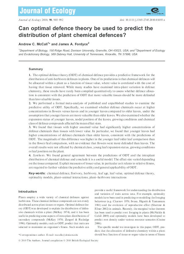 (PDF) Can optimal defence theory be used to predict the distribution of ...