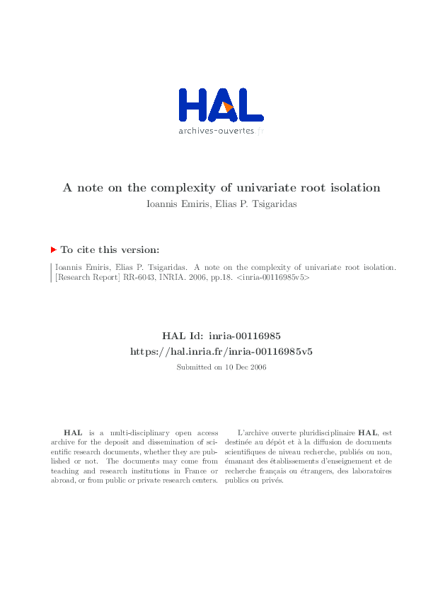 (PDF) A note on the complexity of univariate root isolation