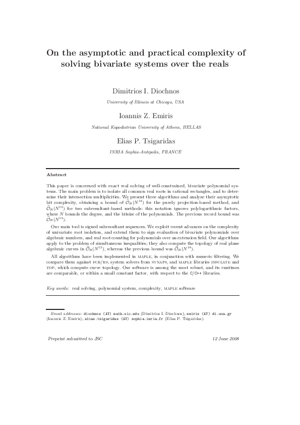 (PDF) On the asymptotic and practical complexity of solving bivariate systems over the reals