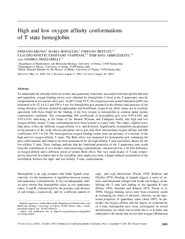 (PDF) High and low oxygen affinity conformations of T state hemoglobin