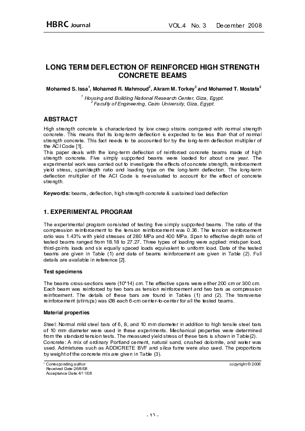 (PDF) LONG TERM DEFLECTION OF REINFORCED HIGH STRENGTH CONCRETE BEAMS