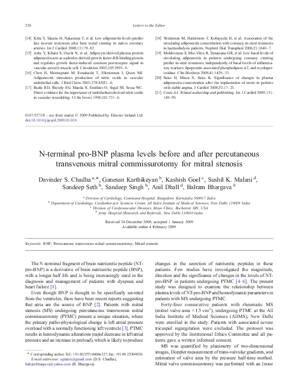(PDF) N-terminal pro-BNP plasma levels before and after percutaneous ...