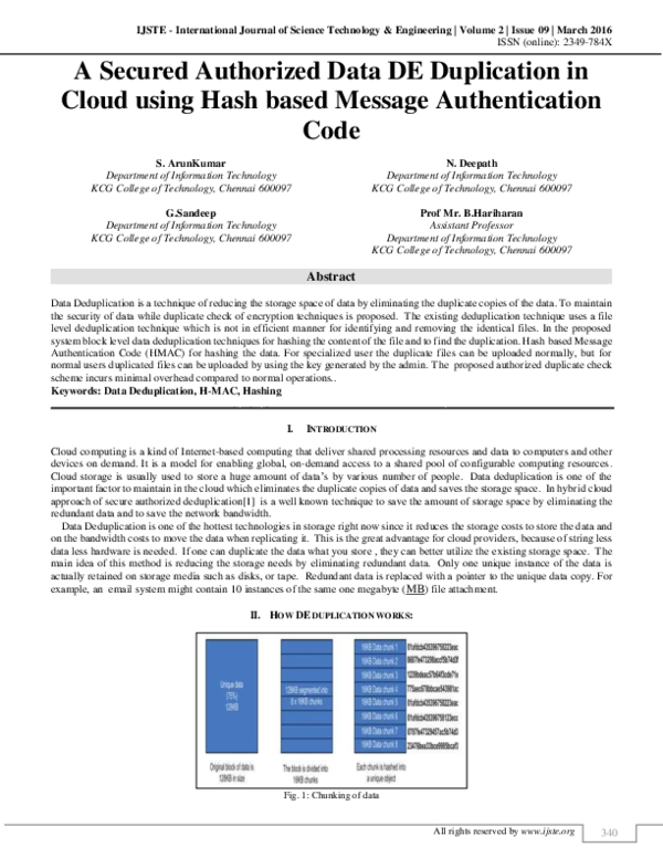Pdf A Secured Authorized Data De Duplication In Cloud Using Hash