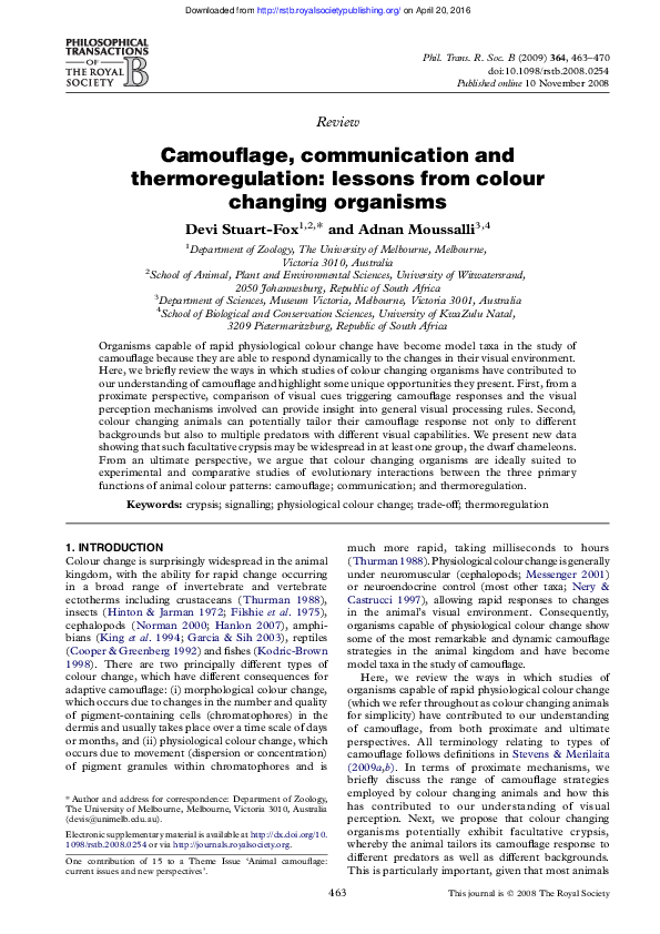 (PDF) Camouflage, communication and thermoregulation: lessons from ...