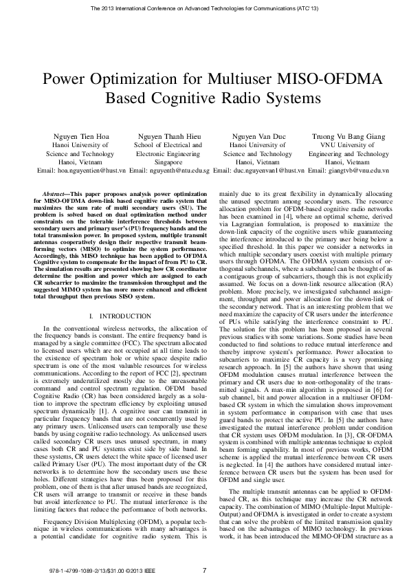 (PDF) Power optimization for multiuser MISO-OFDMA based cognitive radio systems
