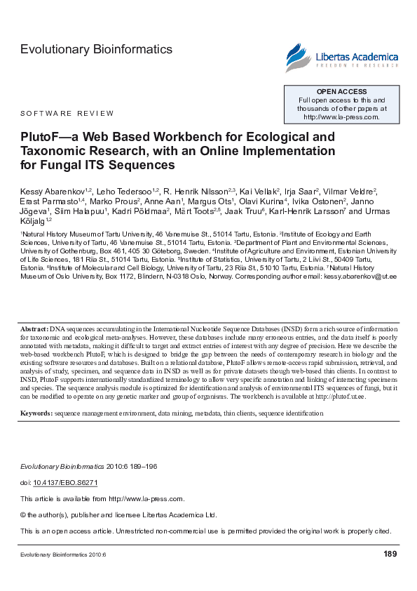 (PDF) PlutoF—a Web Based Workbench for Ecological and Taxonomic ...