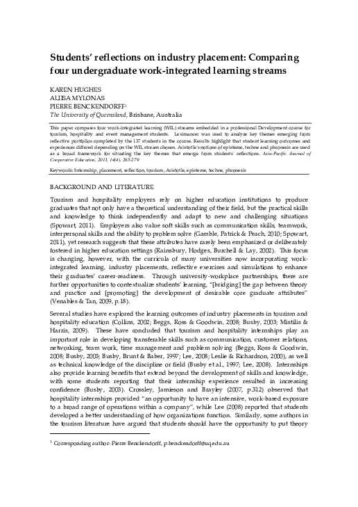 (PDF) Students’ reflections on industry placement: comparing four ...