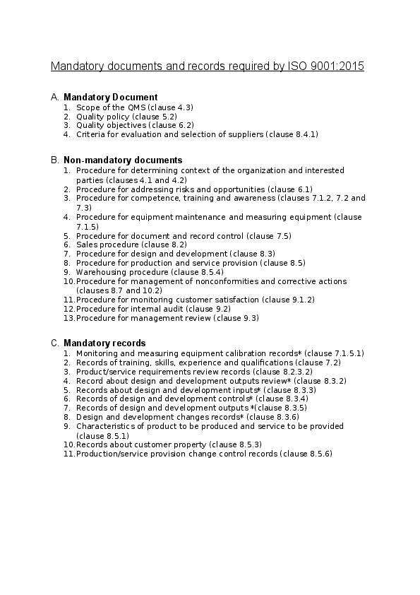 (DOC) Mandatory documents and records required by ISO 9001:2015