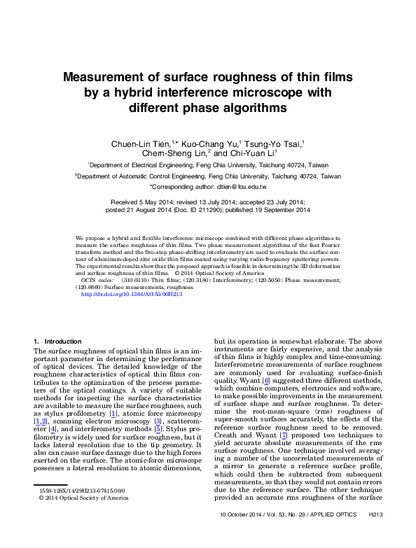 (PDF) Measurement of surface roughness of thin films by a hybrid interference microscope with ...