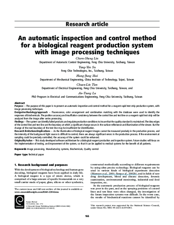 An automatic inspection and control method for a biological reagent ...